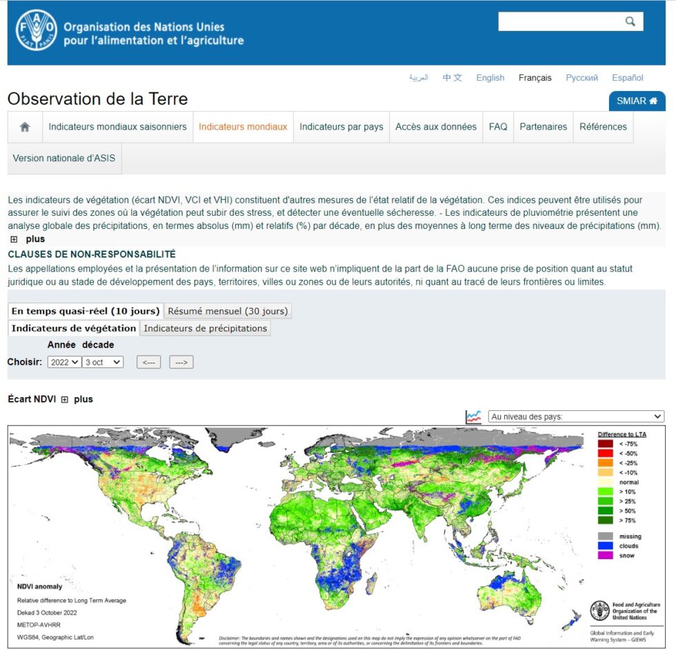 Indicateurs cartographiés d’avancement de la campagne, de végétation et de pluviométrie au cours ...